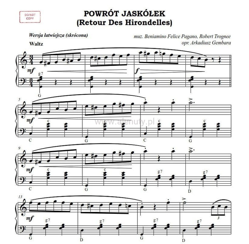 Powrót jaskółek - walc musette - Arkadiusz Gembara - nuty na akordeon ...